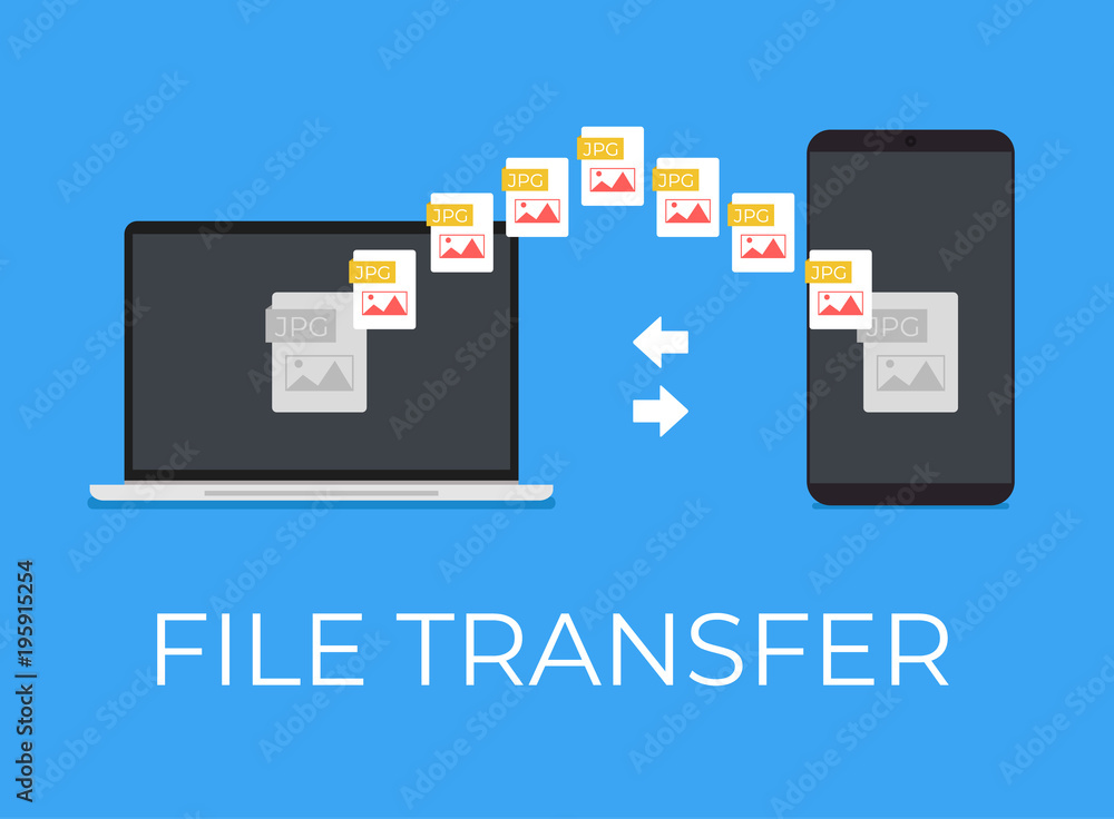File transfer between laptop and smartphone. Vector flat cartoon icon ...
