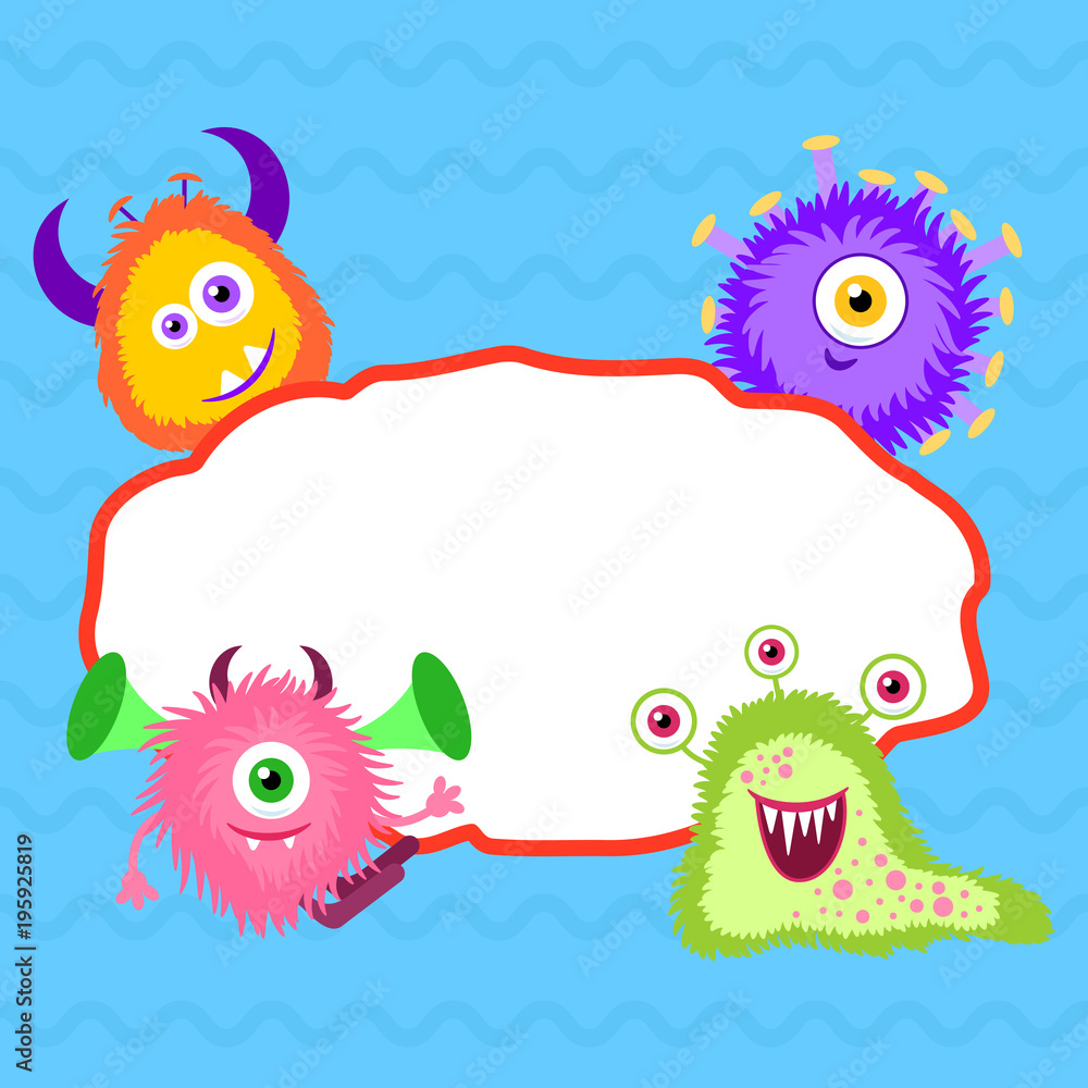 Monsters and empty frame on blue background. Design template for card ...