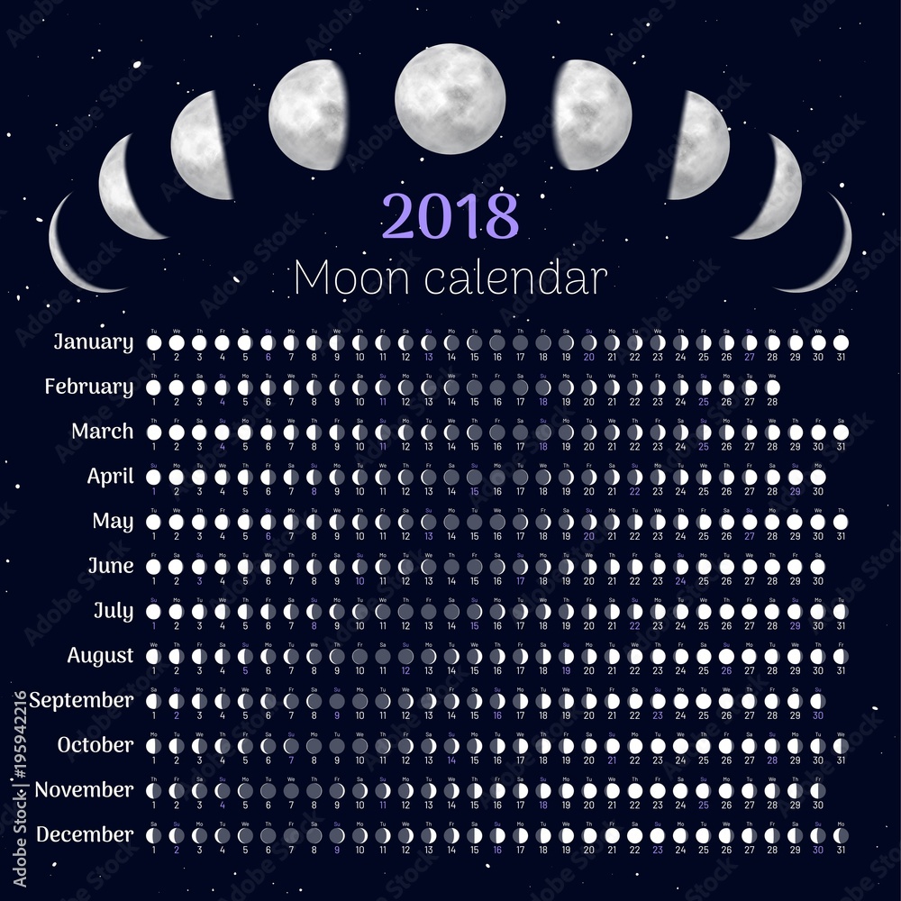 Moon calendar 2018 with all months. Planner with lunar phases in flat ...