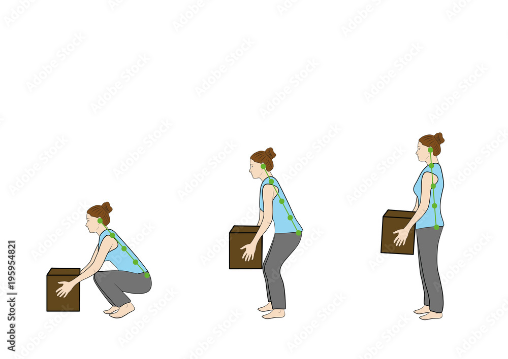 Correct posture to lift a heavy object safely. Illustration of health ...