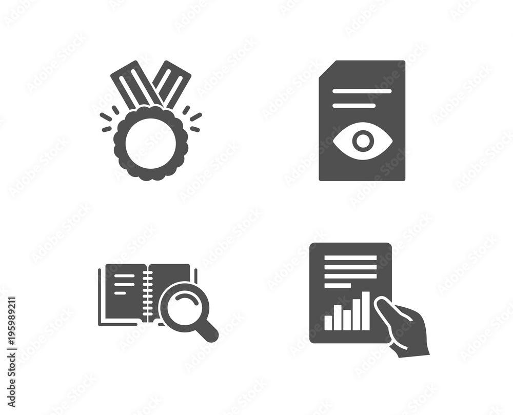 Set of Honor, Search book and View document icons. Document sign. Medal ...
