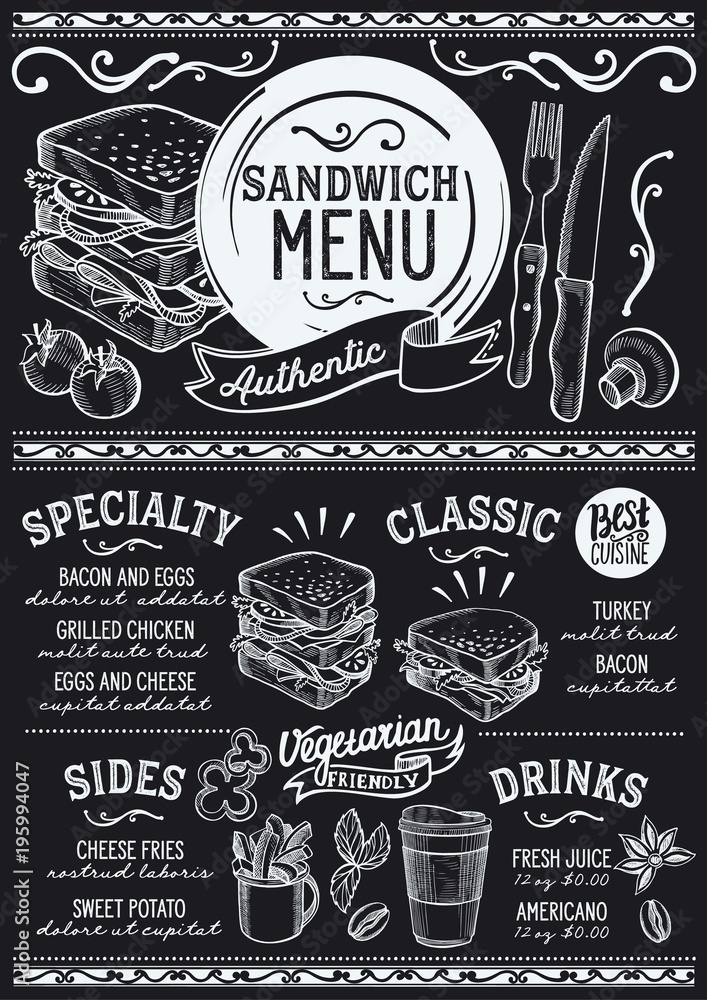 Sandwich restaurant menu. Vector food flyer for bar and cafe. Design ...