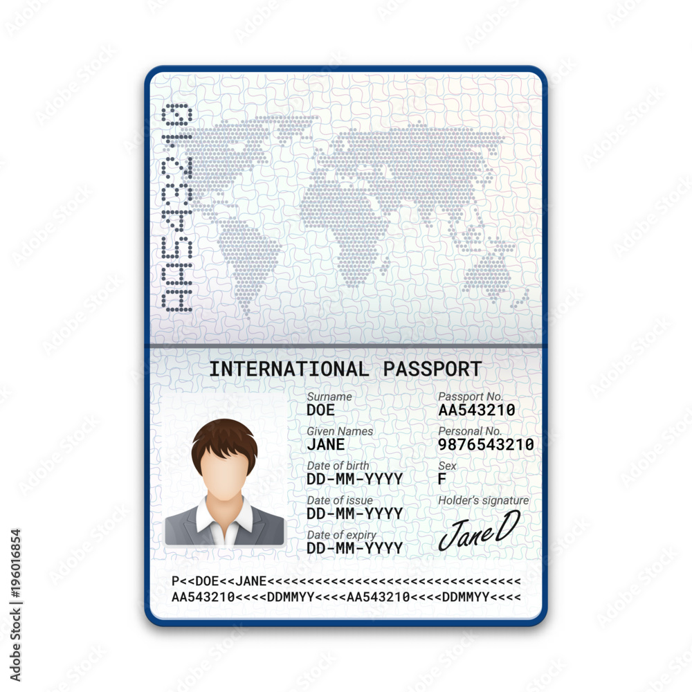 International female passport template with sample of photo, signature ...