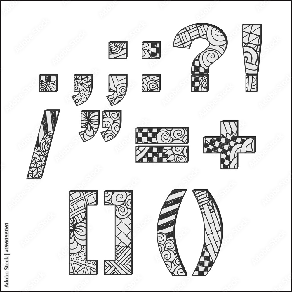Zentangle doodle alphabet. Letters. Typography. Abstract punctuation ...