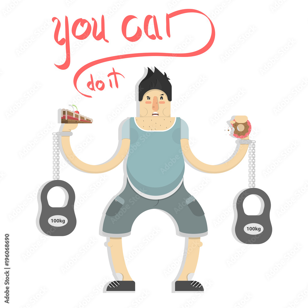 man picks up heavy weights, bad food and gym, cartoon character, vector ...