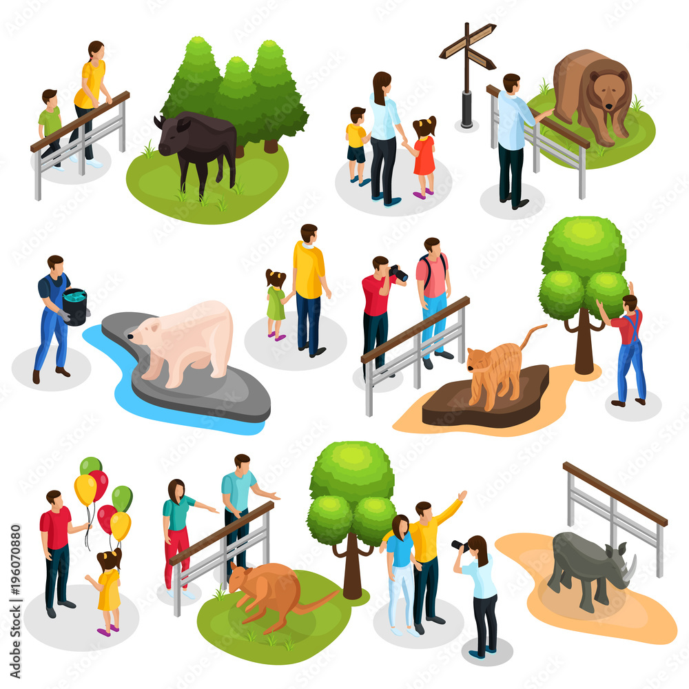 Isometric Zoo Elements Collection Stock Vector | Adobe Stock