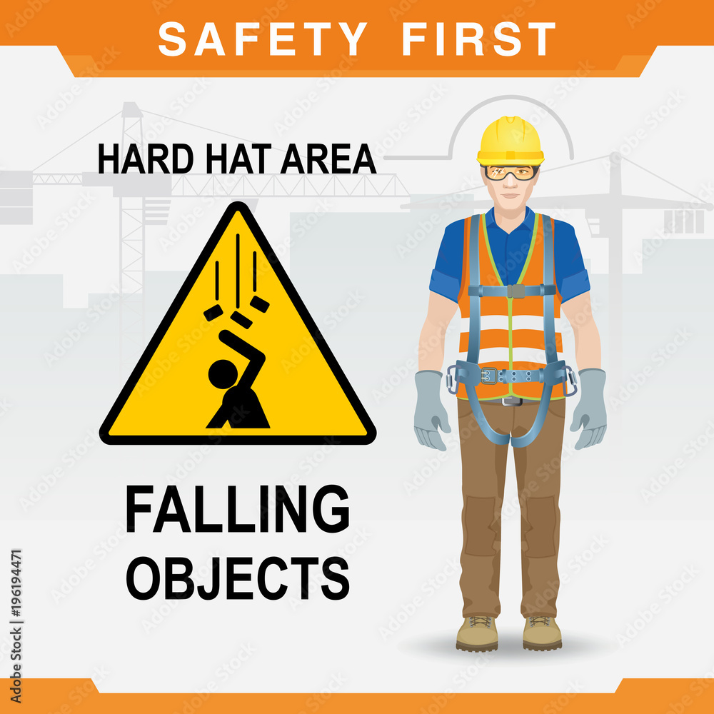 Safety at the construction site. Safety first. Falling objects. Hard ...