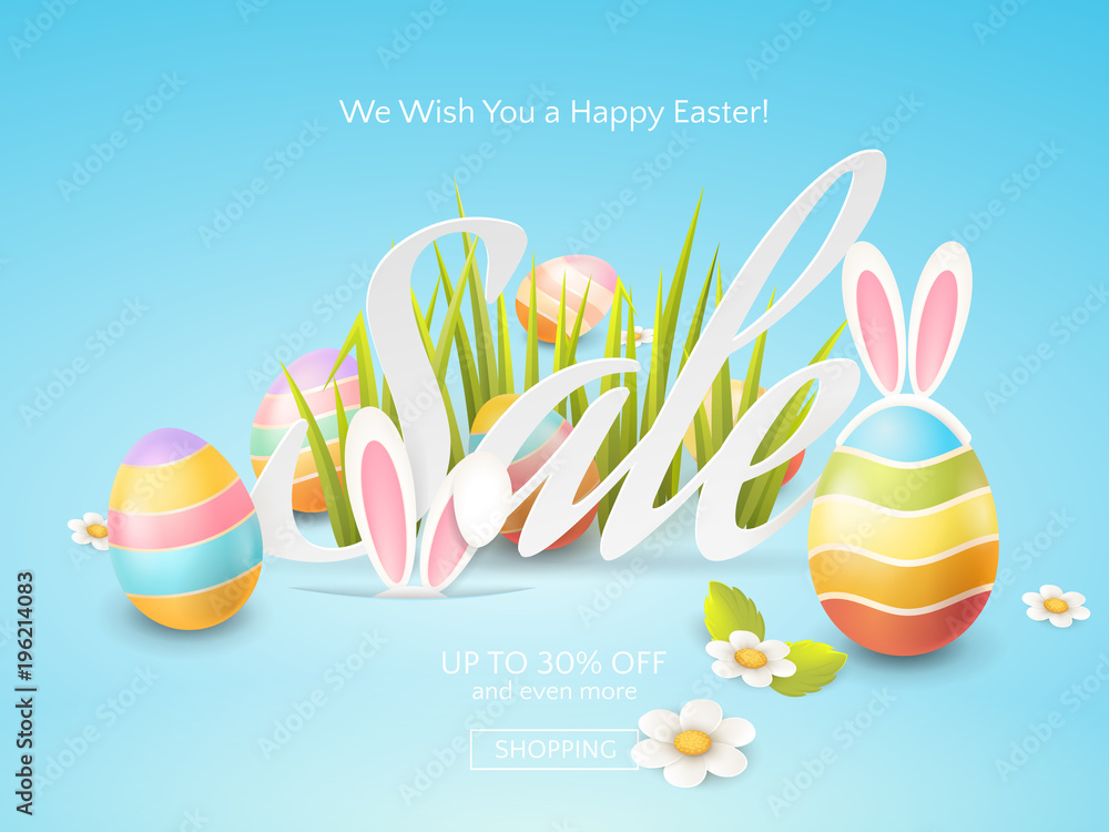 Vector flyer for Easter discount offers with colored eggs, grass ...