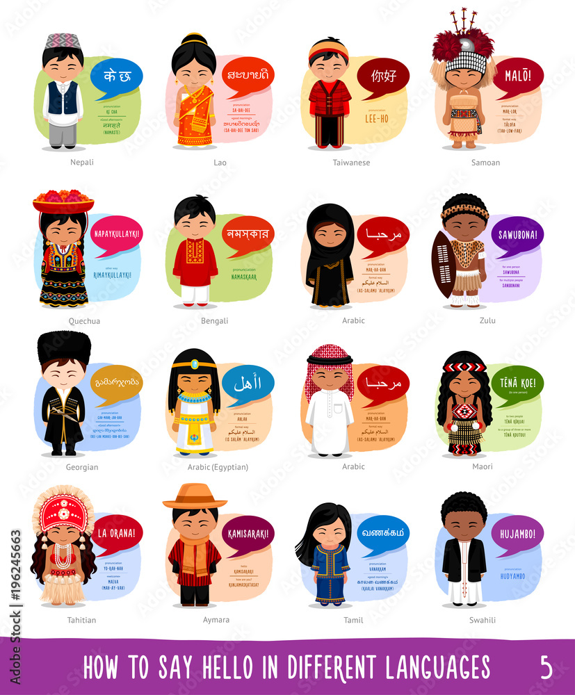 Cartoon characters saying hello in different languages: Nepali, Lao ...