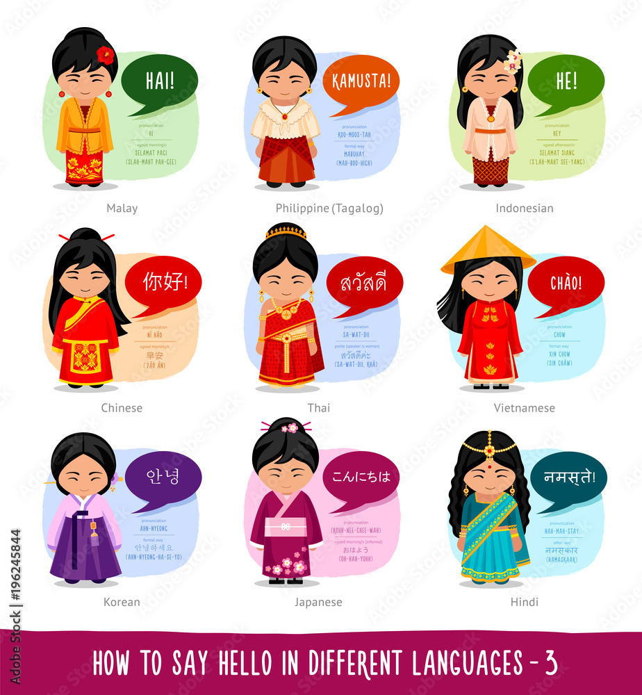 Hello in foreign languages: Indonesian, Filipino, Malay, Chinese, Thai ...