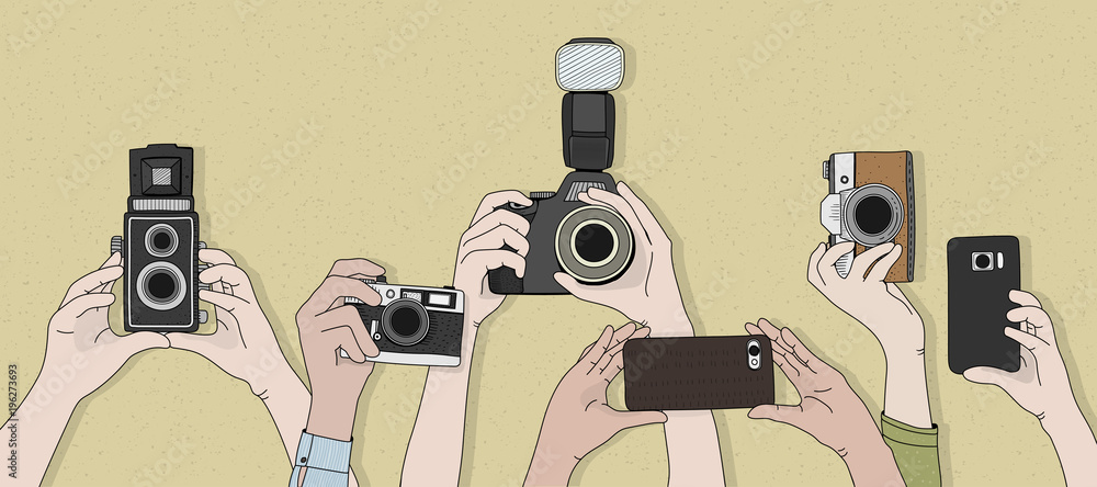 Illustration of people clicking pictures from devices Stock ...