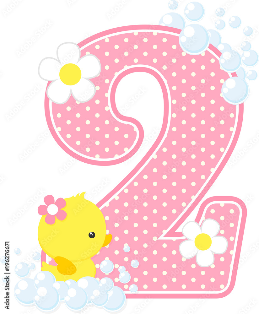 number 2 with bubbles and cute rubber duck isolated on white. can be ...