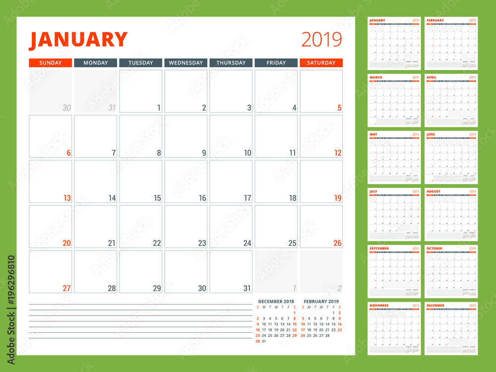 Calendar planner template for 2019 year. Week starts on Sunday. Vector ...