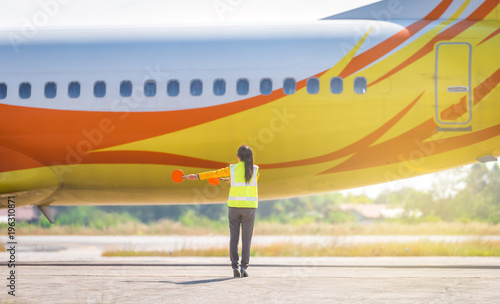 Airport marshalling signal from marshaller for aircraft controls ...