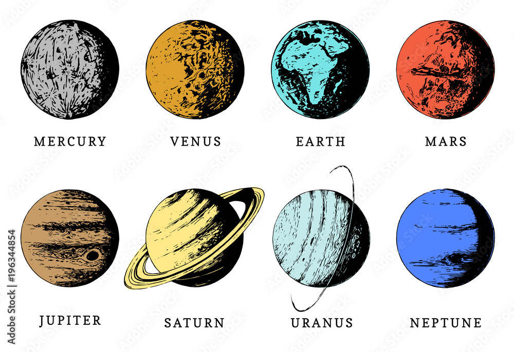Solar system infographics in vector. Hand drawn illustration of eight ...