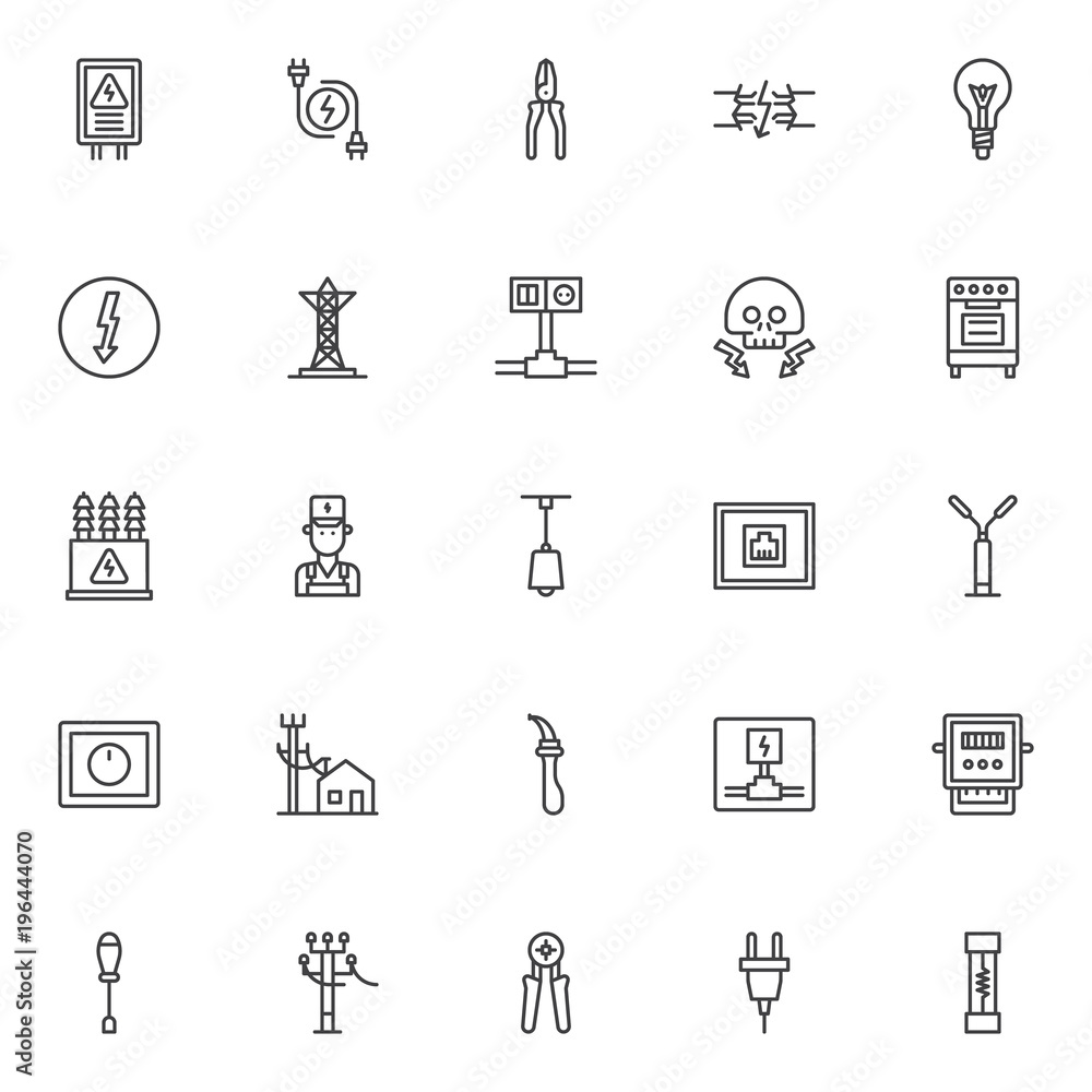 Electrician elements outline icons set. linear style symbols collection ...