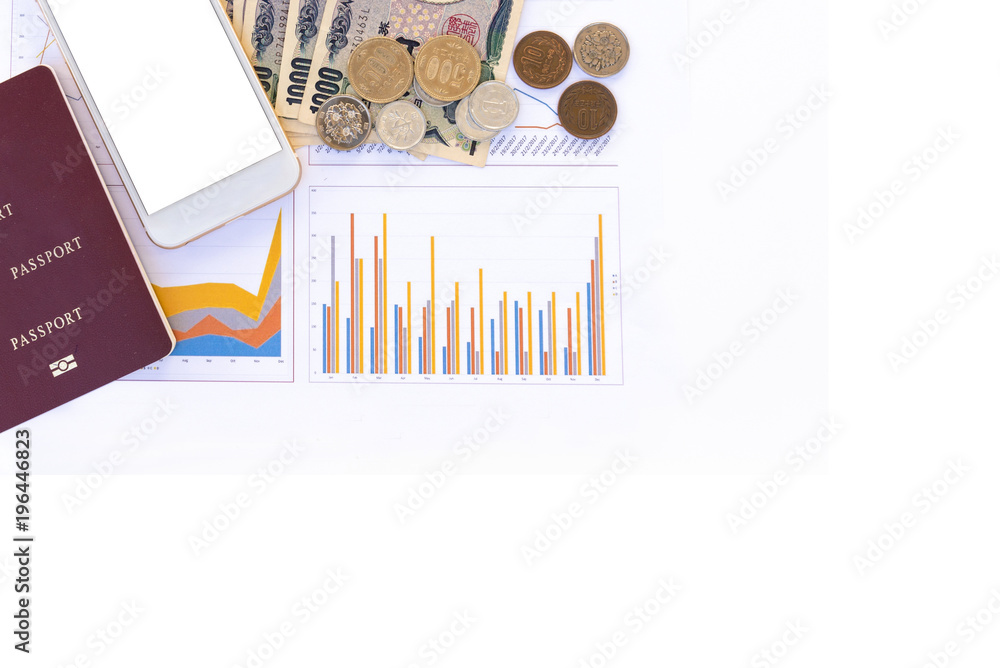 Japanese currency yen bank notes, yen coin, phone and passport on ...