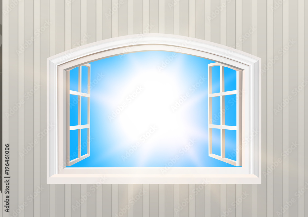 Vector de Stock Open Window. Blue Sky and Sun Light View. Realistic 3D ...