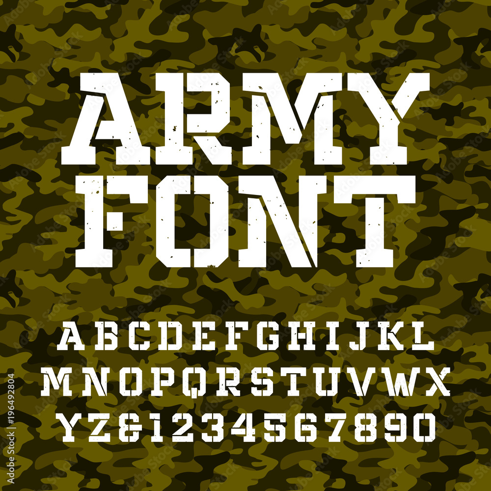 Army stencil alphabet font. Type letters and numbers on a green camo ...
