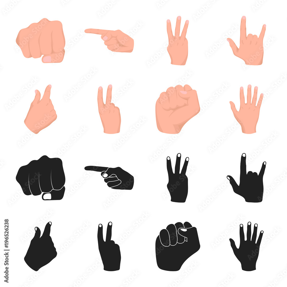 Open fist, victory, miser. Hand gesture set collection icons in black ...