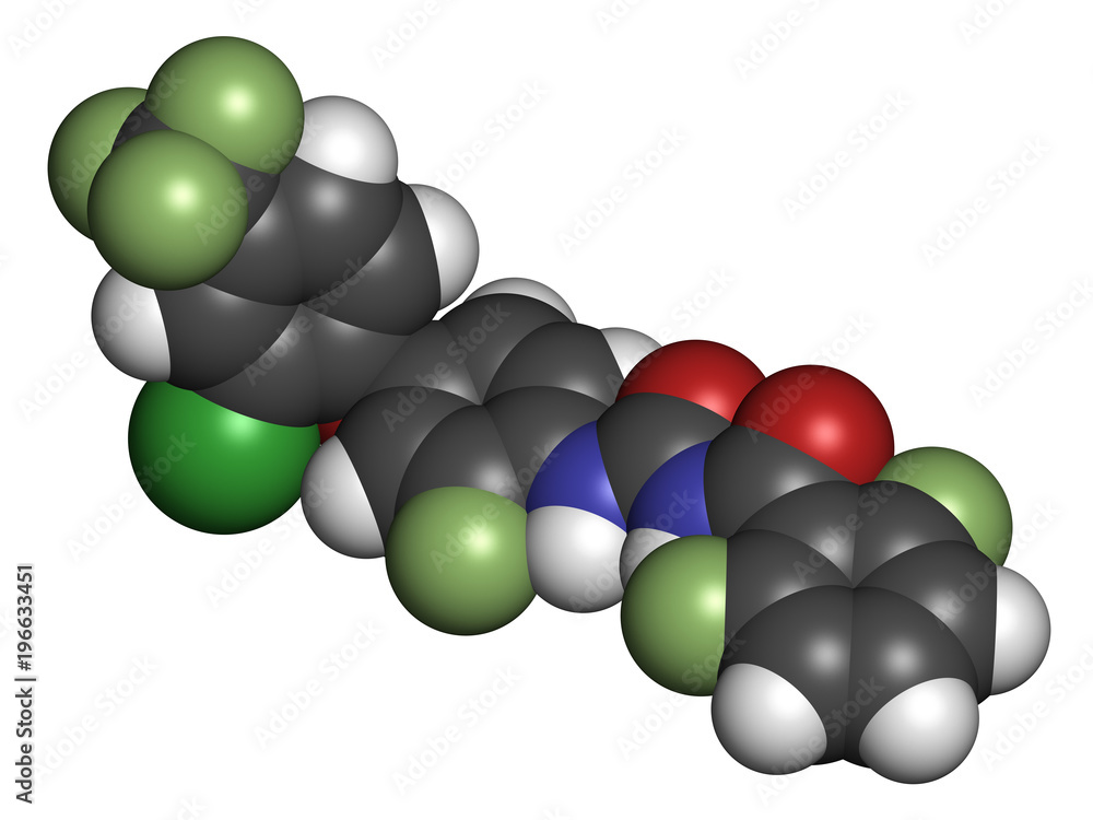 Flufenoxuron insecticide molecule. 3D rendering. Atoms are represented ...