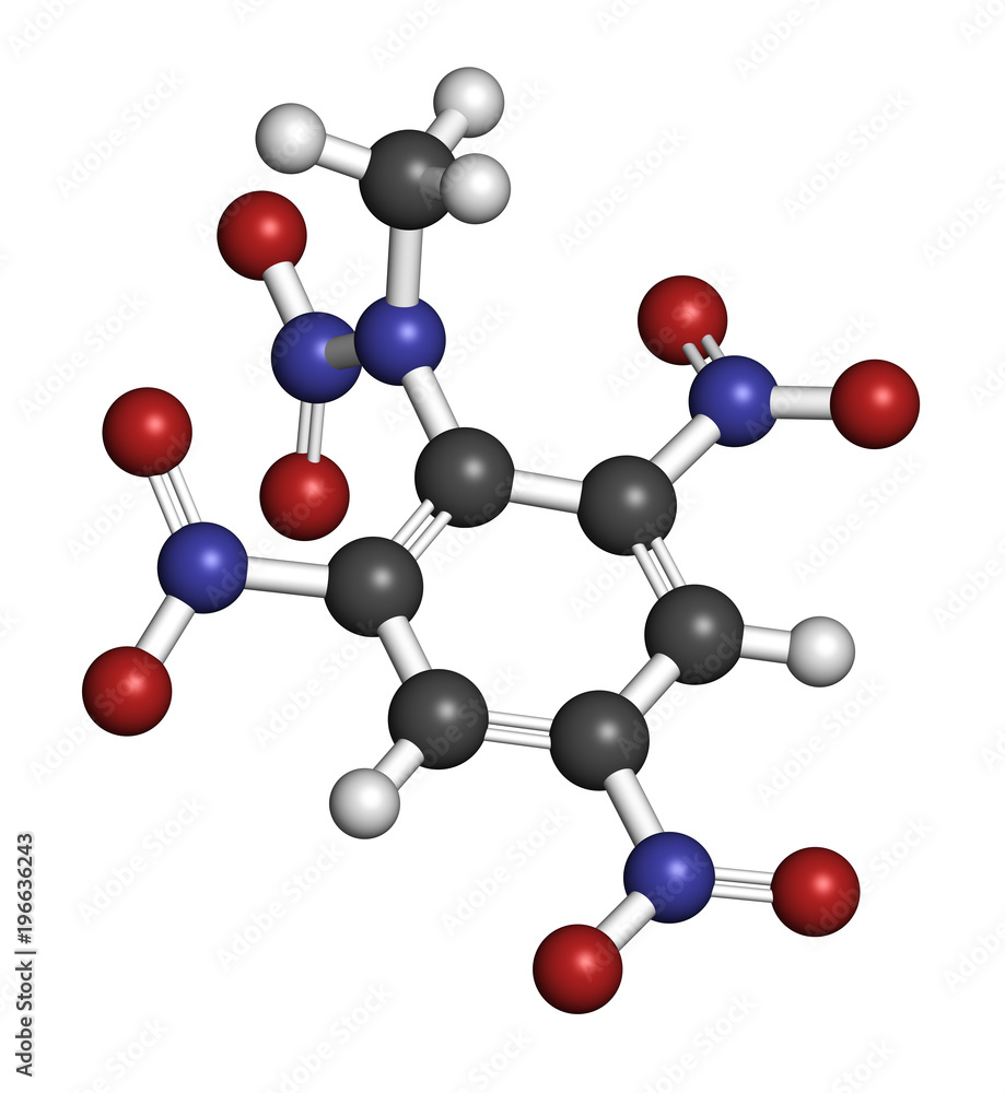 Tetryl explosive molecule. 3D rendering. Atoms are represented as ...