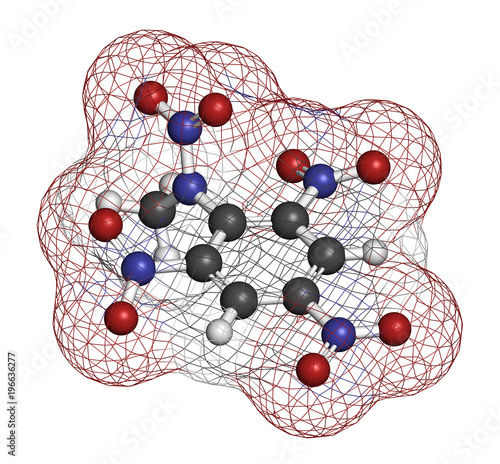 Tetryl explosive molecule. 3D rendering. Atoms are represented as ...