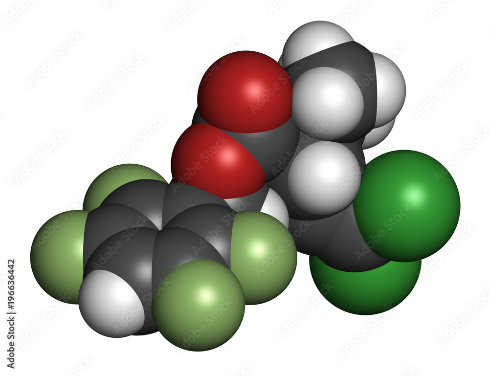 Transfluthrin insecticide molecule. 3D rendering. Atoms are represented ...