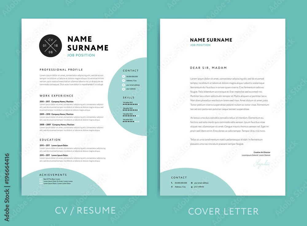 Creative CV / resume template teal green background color minimalist ...