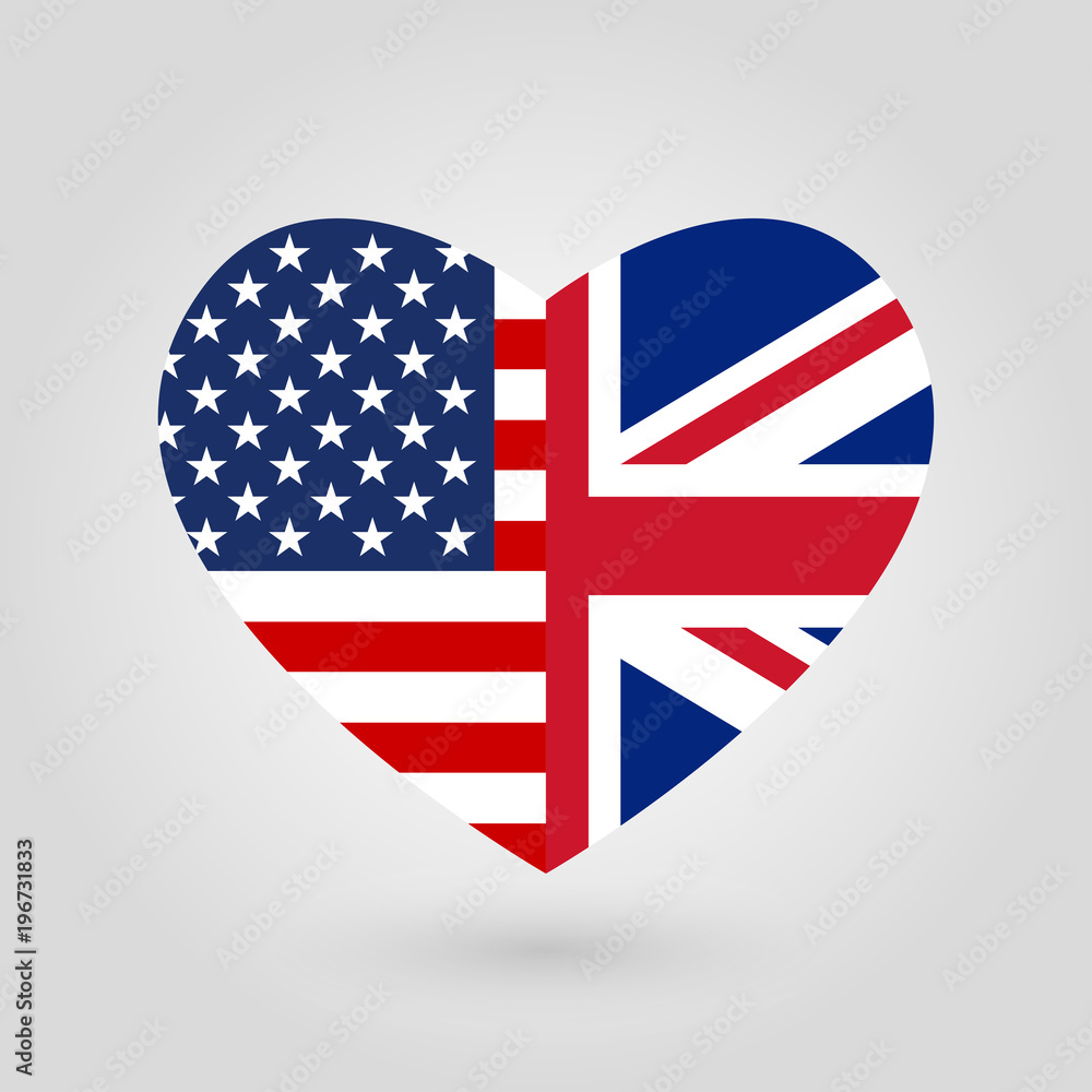 US and UK flags icon in the heart shape. American and British ...