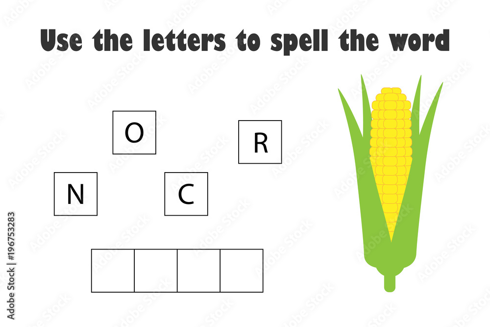 Use the letters to spell the word, corn in cartoon style, educational ...