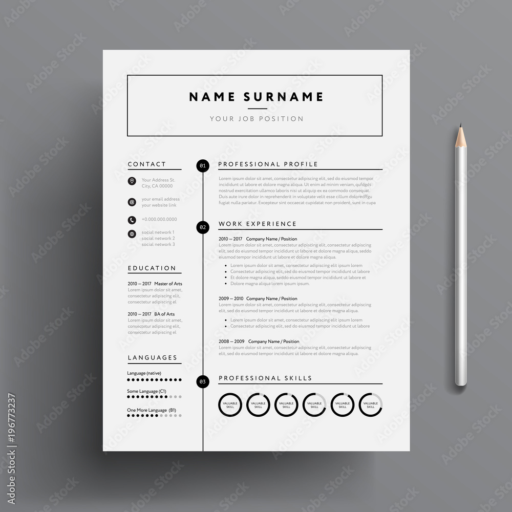 Stylish CV / Resume template - black and white minimalist design mockup ...