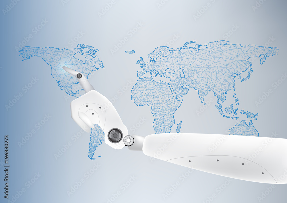 A robotic arm is touching on a world map display. Cybernetic organism ...