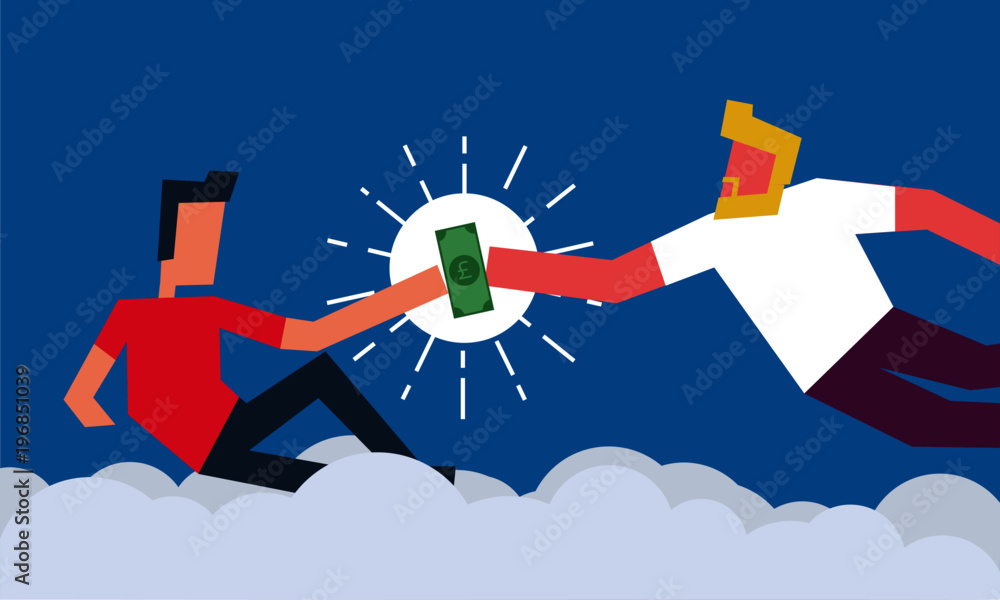 God Creating Adam Concept. Man giving Money to another person. Vector ...