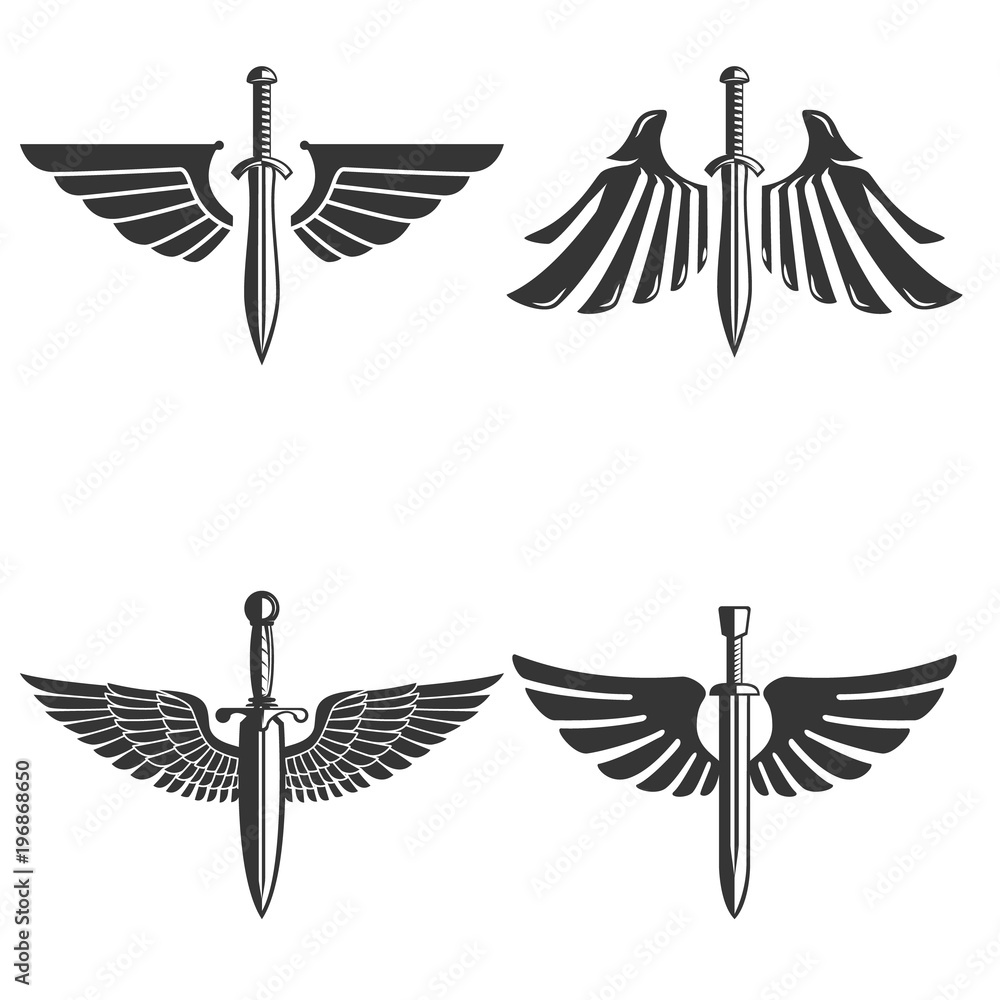 Set of emblems with medieval sword and wings. Design element for logo ...