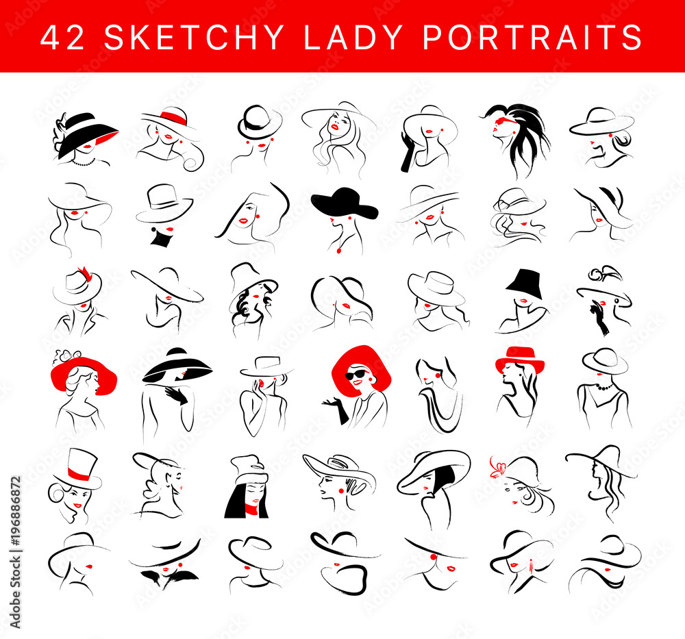 Vector artistic hand drawn stylish young lady portrait set isolated on ...