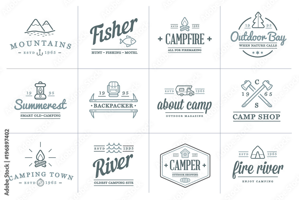 Set of Raster Camping Camp Elements and Outdoor Activity Icons ...