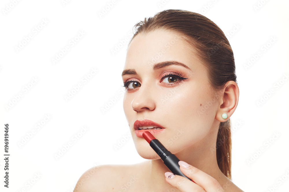 People, make up and beauty concept. Adorable young woman with ...