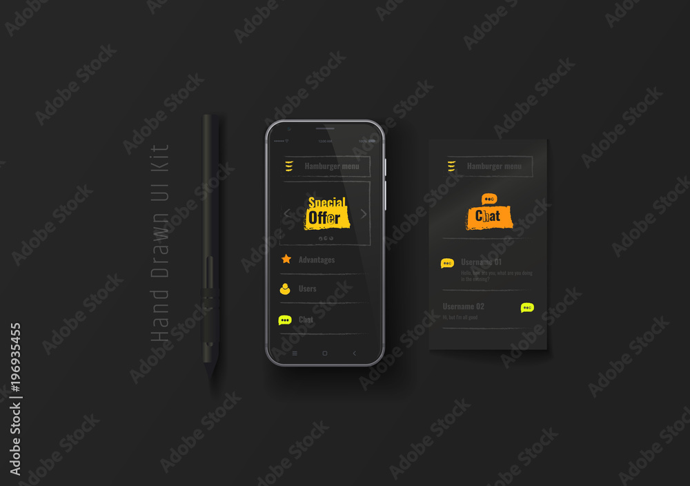 Mobile phone with web application. Hand-drawn UX, UI kit. User ...