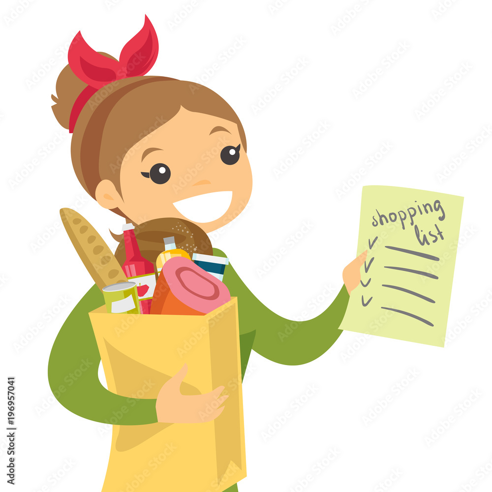 Young caucasian white woman checking shopping list in the grocery store ...