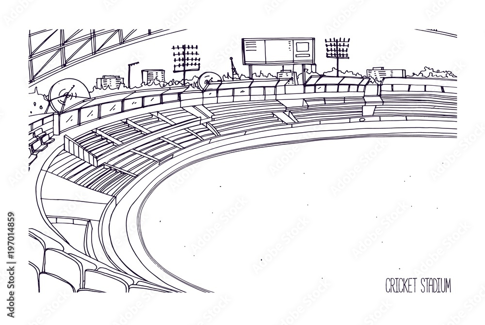 Freehand sketch of cricket stadium with rows of seats, electronic ...