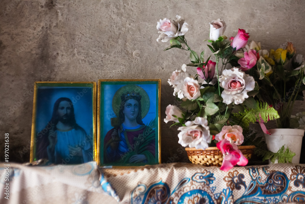 Jesus and Holy Mary prayer desk Stock Photo | Adobe Stock