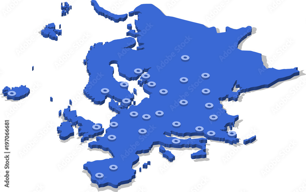 3d isometric view map of with blue surface and cities. Isolated, white ...