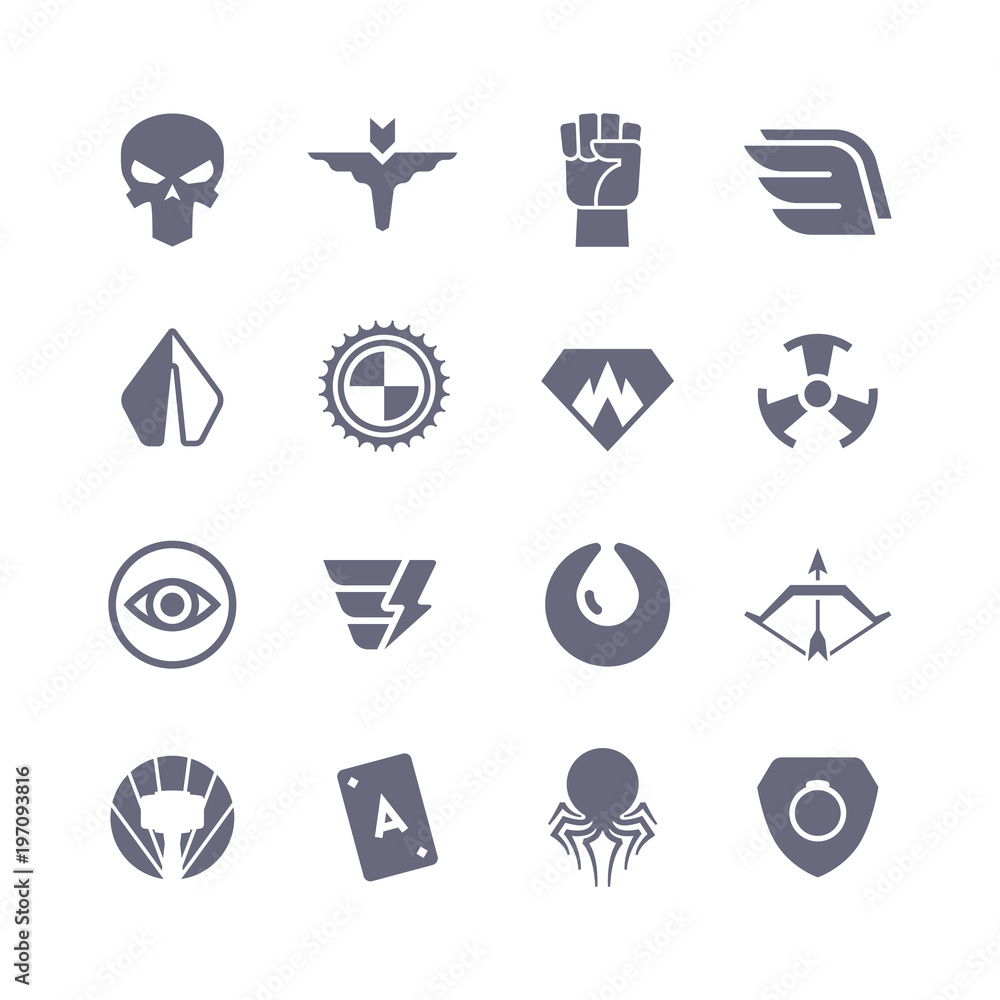Superheroes vector icons. Super power superhero heroic symbols Stock ...