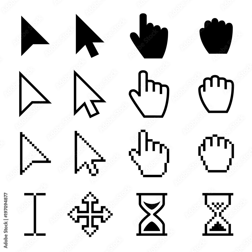 Arrow web cursors, digital hand pointers vector black pictograms Stock ...