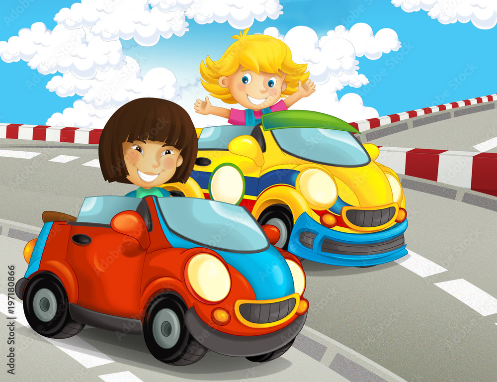 cartoon funny and happy looking child - girl in racing car on race ...