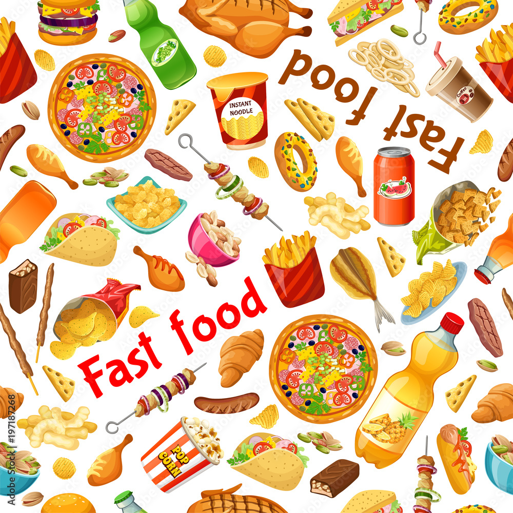 Seamless pattern fast food. Salted nuts, squid rings, pop corn ...
