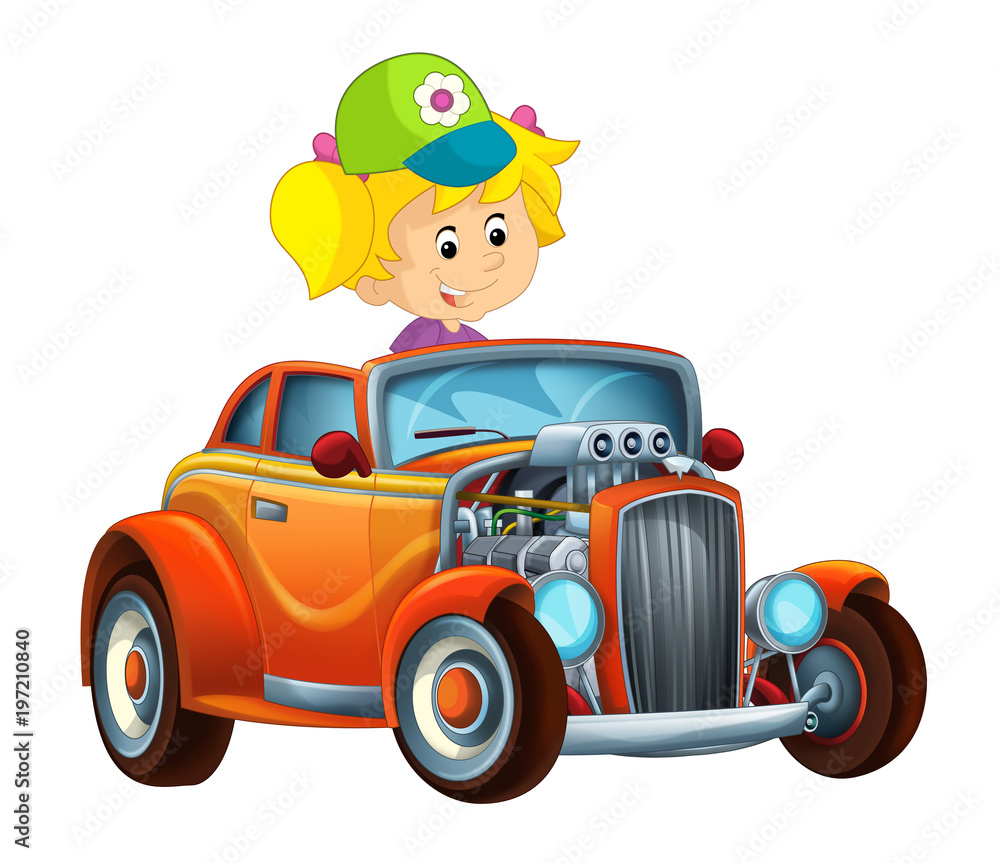 cartoon scene with child - girl in cool looking hod rod car on white ...