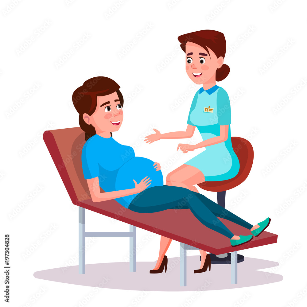 Vector cartoon female pregnant patient at woman gynecologist doctor consultation at clinic ...
