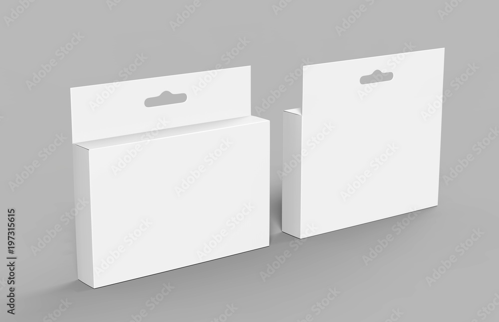 Hanging white blank cardboard packaging box with hang tab retail box ...